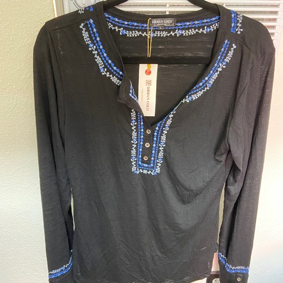 Urban Coco | Tops | New Urban Coco Black With Blue Large Shirt | Poshmark